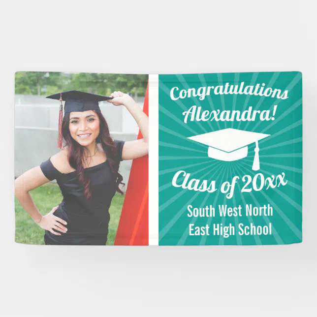 Radiant Teal Custom Photo Graduation Banner | Zazzle