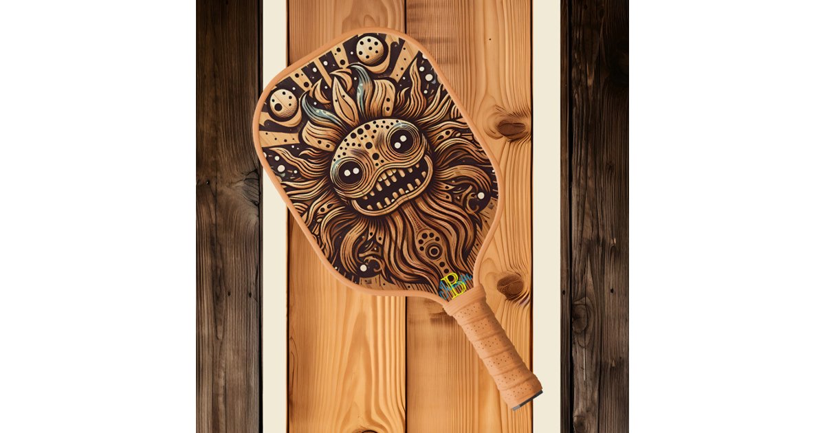 Radiant Wood Carving image of a Sun Face Pickleball Paddle | Zazzle