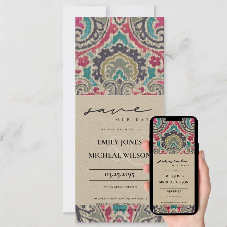 RAFT BOHO TRIBAL IKAT PINK TEAL SAVE THE DATE INVI INVITATION | Zazzle