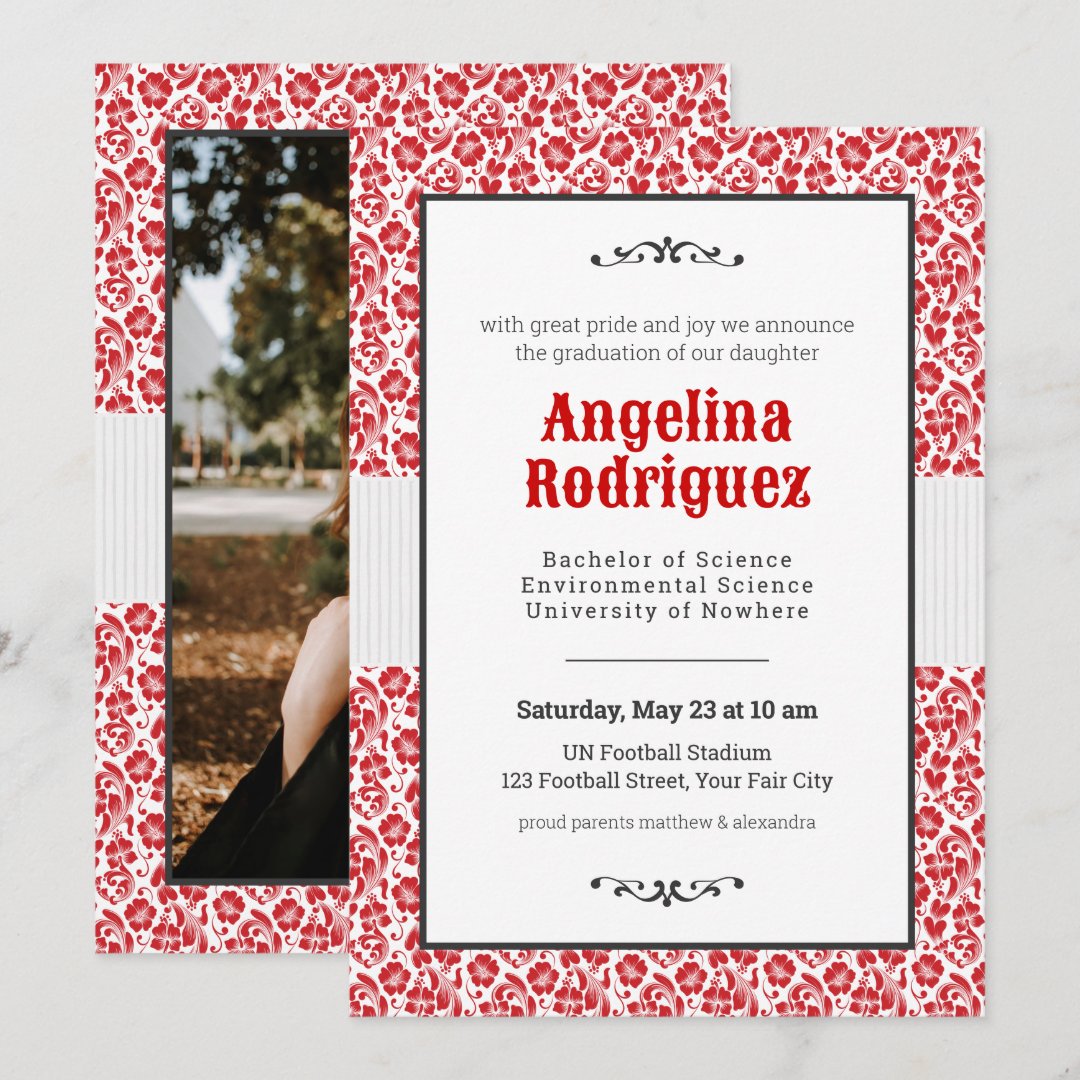 Raider Red Floral Damask Photo Graduation Invitation | Zazzle