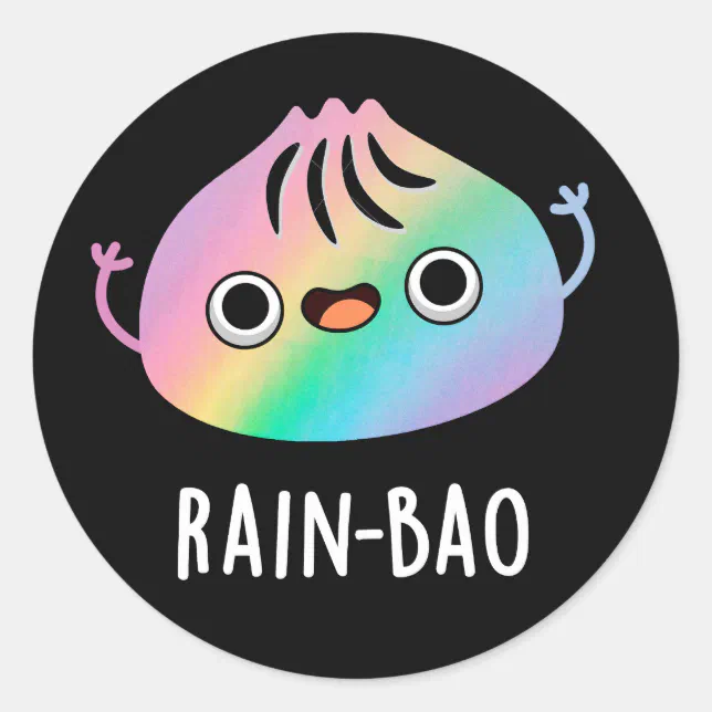 Rain-bao Funny Rainbow Dimsum Bao Pun Dark BG Classic Round Sticker ...