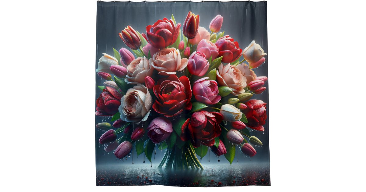 “Rain-Drenched Tulips and Roses Bouquet" Shower Curtain | Zazzle