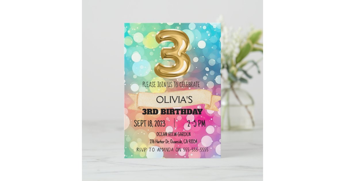 Rainbow 3 Year Old 3rd Birthday Party Girls Third Invitation | Zazzle