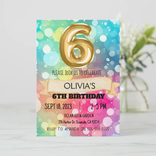 Rainbow 6 Year Old 6th Birthday Party Girls Six Invitation | Zazzle