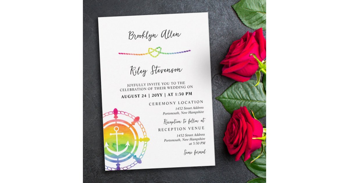 Rainbow Anchor Rope Heart Nautical LGBT Wedding Invitation | Zazzle