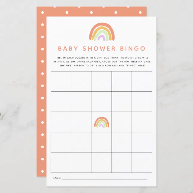Rainbow Baby Shower Bingo Game Cute Peach | Zazzle