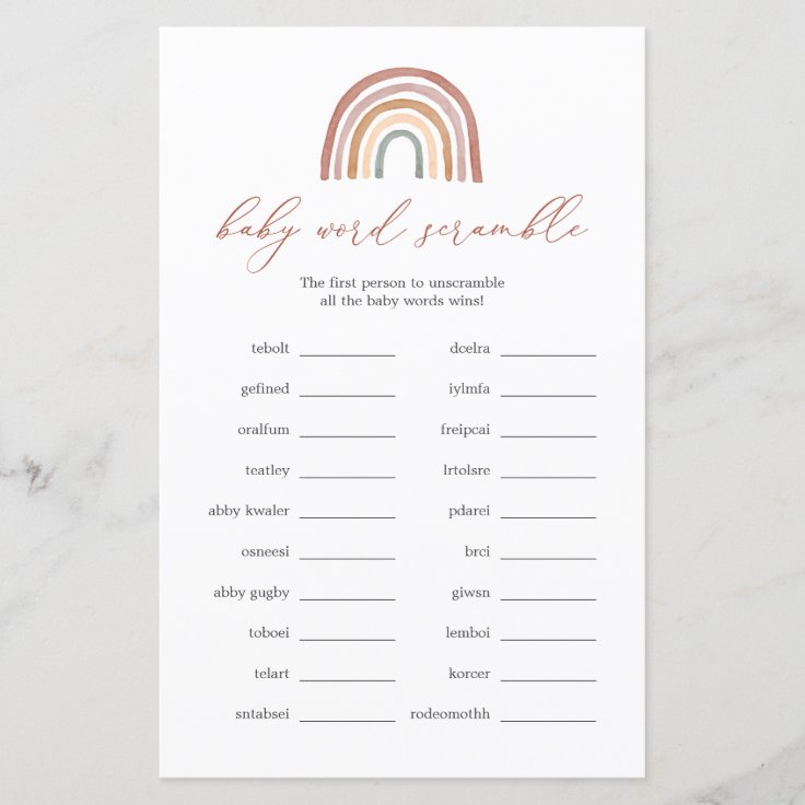 Rainbow Baby Shower Word Scramble Game | Zazzle