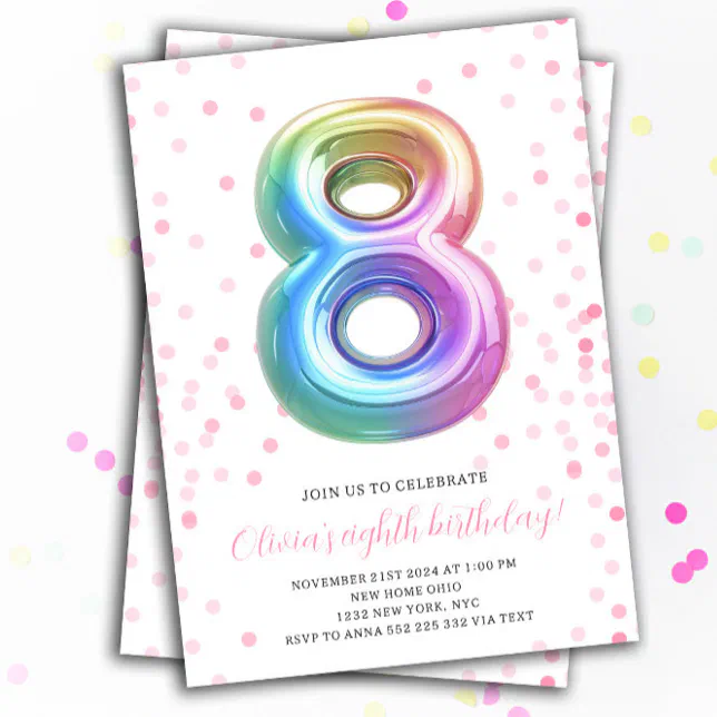 Rainbow Balloon 8th Birthday Girl Party Number Invitation | Zazzle