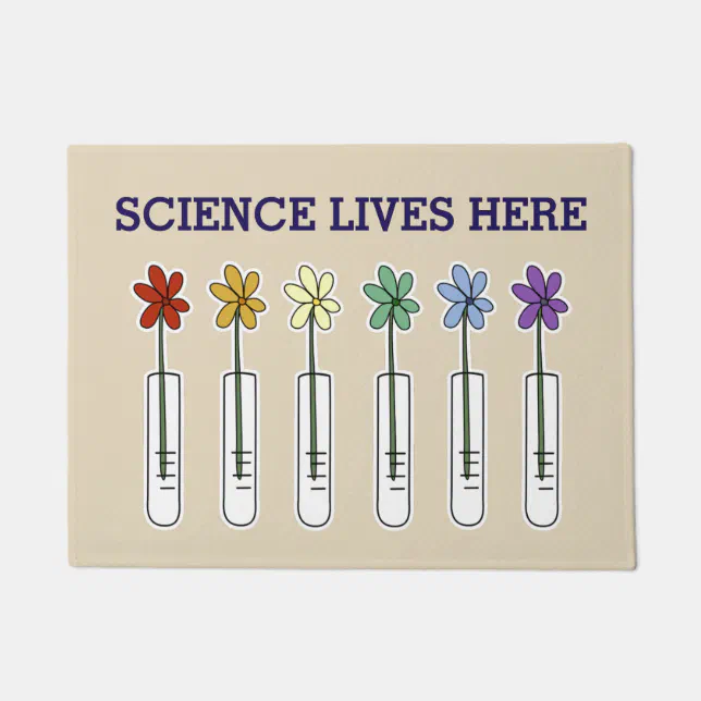 Rainbow Beaker with Flower Science Lives Here Doormat | Zazzle