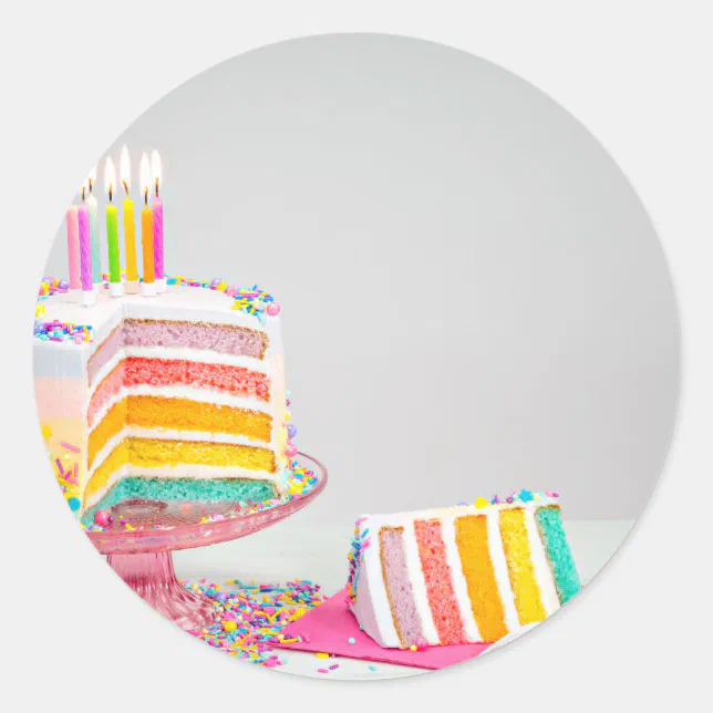 rainbow Birthday Cake Classic Round Sticker | Zazzle