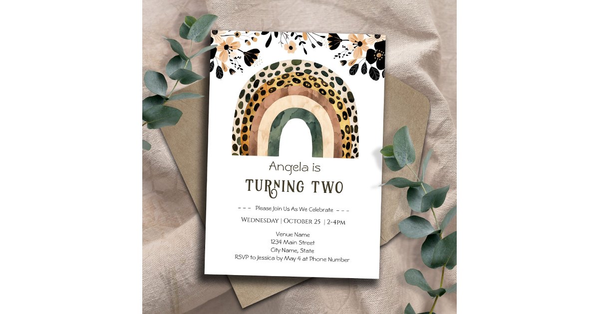 Rainbow Boho Animal Print Floral 2nd Birthday Invitation | Zazzle