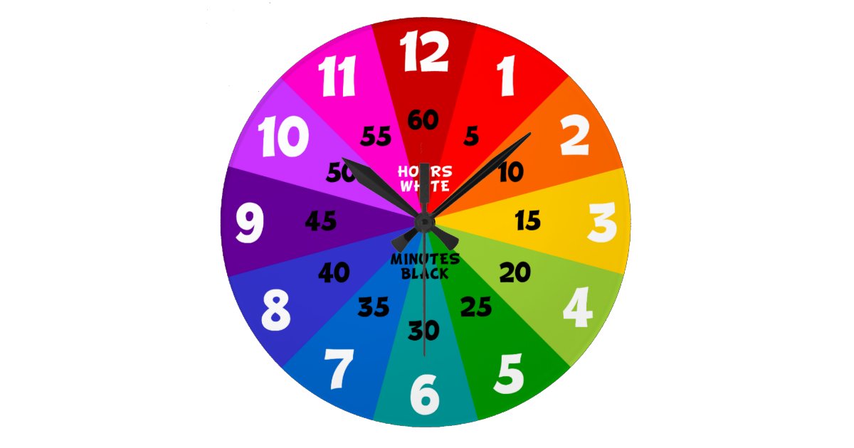 Rainbow Bold Color Palette Learn to Tell Time Kids Large Clock | Zazzle