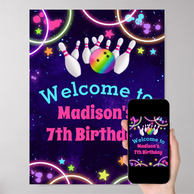 Rainbow Bowling Birthday Party Welcome Sign | Zazzle