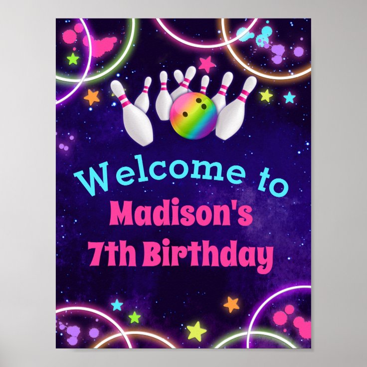 Rainbow Bowling Birthday Party Welcome Sign | Zazzle