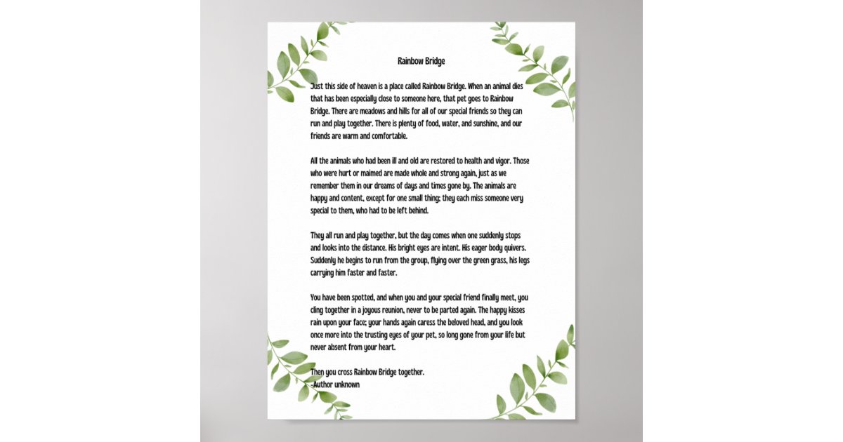 Rainbow Bridge Poem Leaves Accent Poster | Zazzle