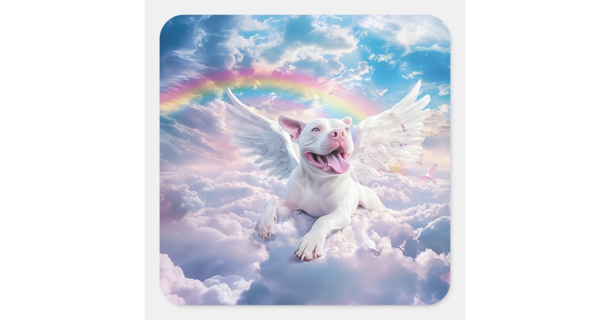 Rainbow Bridge, White Dog in Heaven Square Sticker | Zazzle
