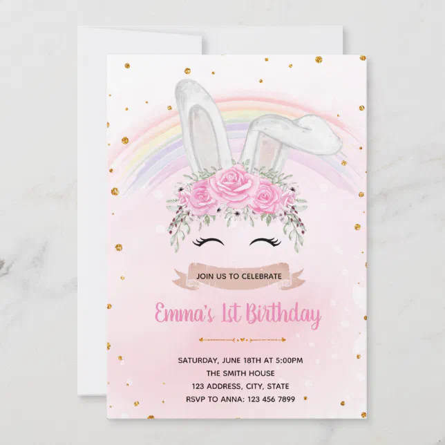 Rainbow bunny princess birthday invitation | Zazzle