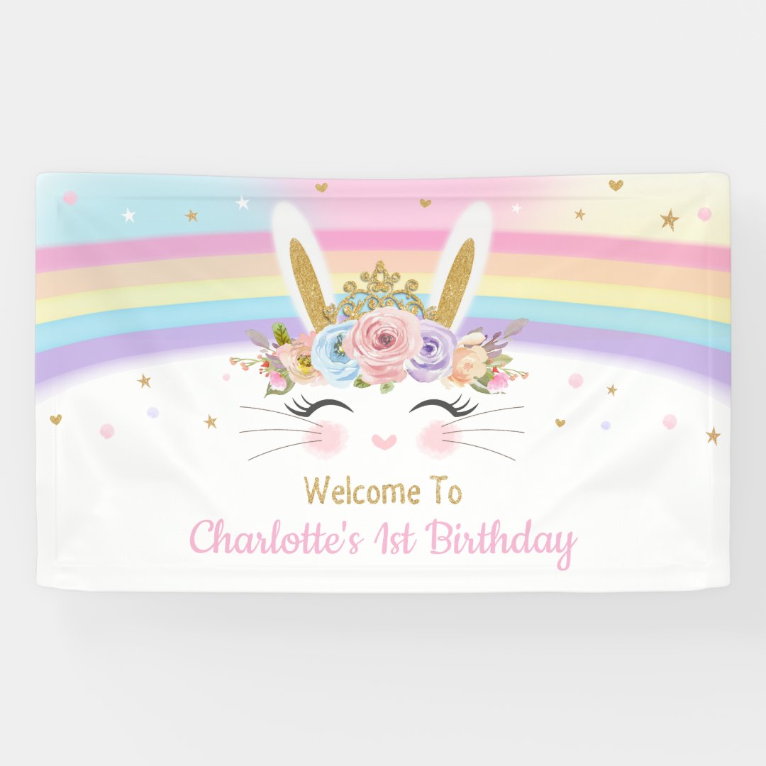 Rainbow Bunny Rabbit Baby Shower Birthday Backdrop Banner | Zazzle