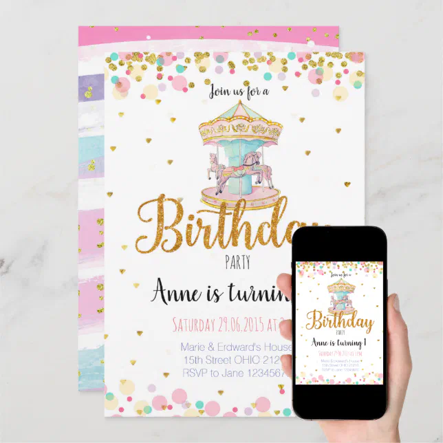 Rainbow Carousel Birthday Invitation | Zazzle