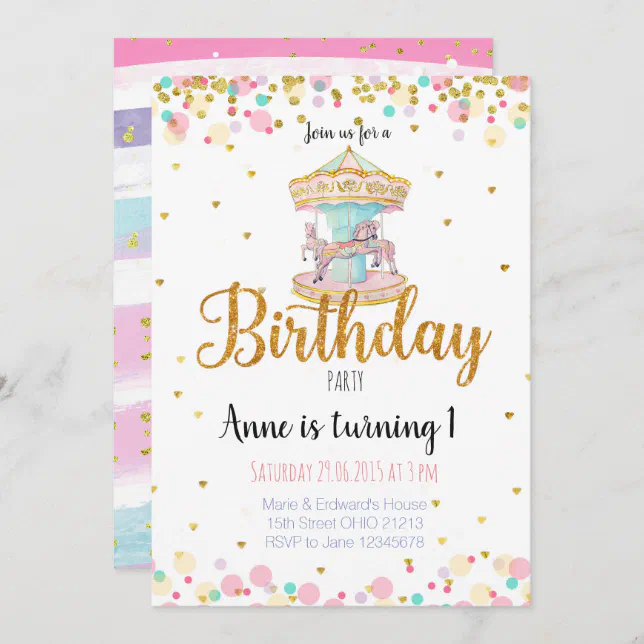 Rainbow Carousel Birthday Invitation | Zazzle