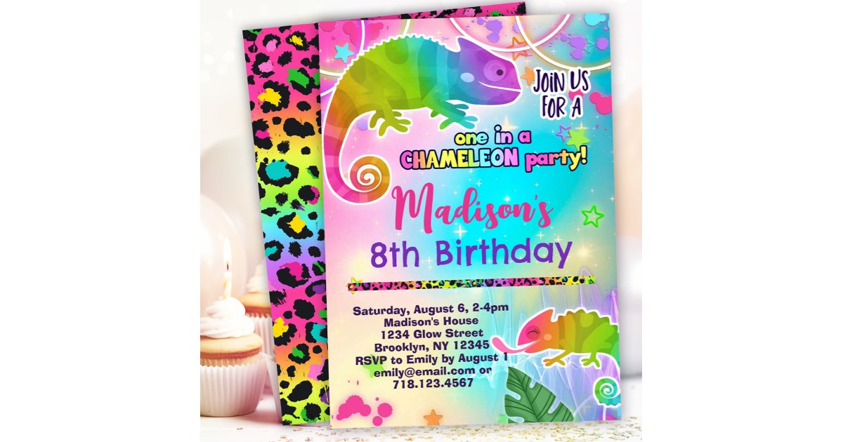 Rainbow Chameleon Birthday Party Invitation | Zazzle