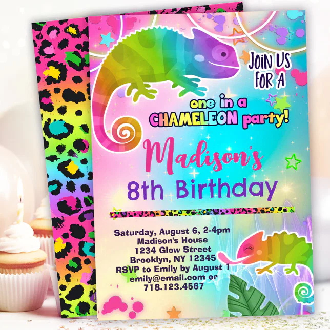 Rainbow Chameleon Birthday Party Invitation | Zazzle