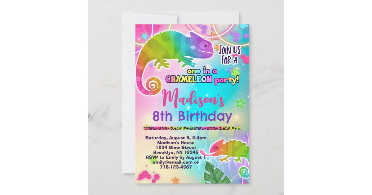 Rainbow Chameleon Birthday Party Invitation | Zazzle
