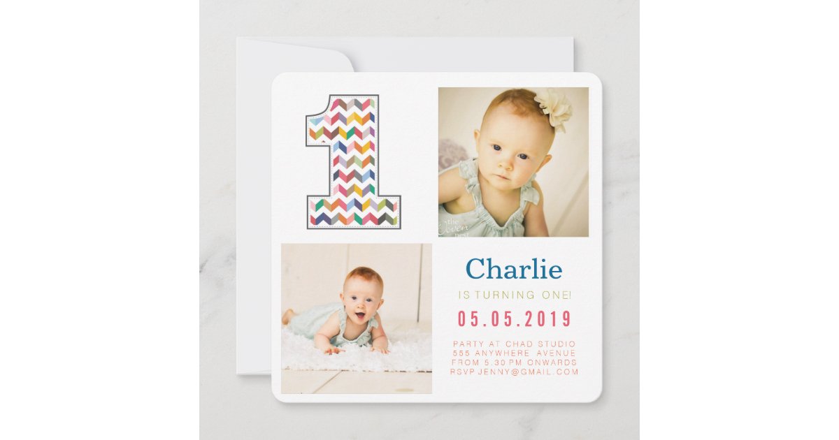 Rainbow Chevron 1st Birthday Photo Cards | Zazzle