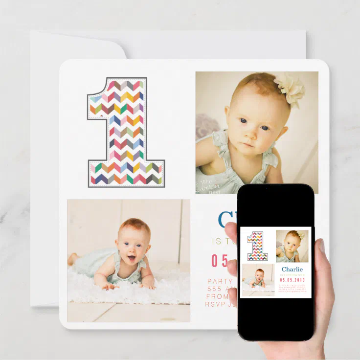 Rainbow Chevron 1st Birthday Photo Cards | Zazzle