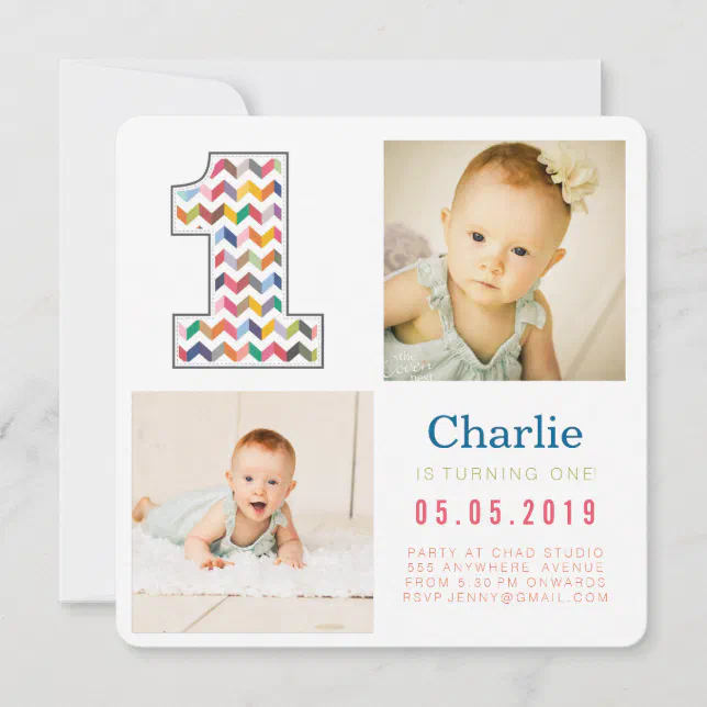 Rainbow Chevron 1st Birthday Photo Cards | Zazzle