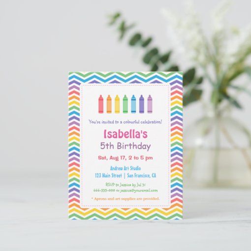 Rainbow Chevron Crayons Arts Kids Birthday Party Invitation | Zazzle