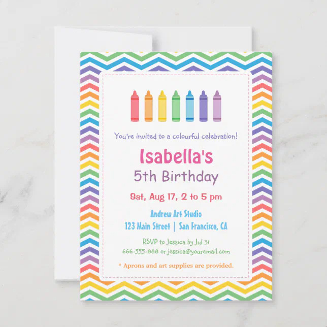 Rainbow Chevron Crayons Arts Kids Birthday Party Invitation | Zazzle