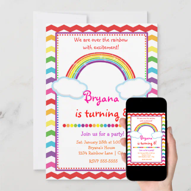Rainbow Chevron Girls Birthday Party Invitation | Zazzle