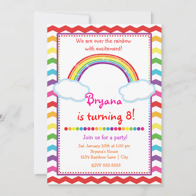Rainbow Chevron Girls Birthday Party Invitation | Zazzle