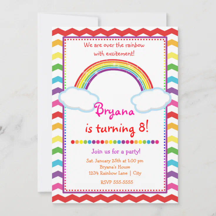 Rainbow Chevron Girls Birthday Party Invitation | Zazzle