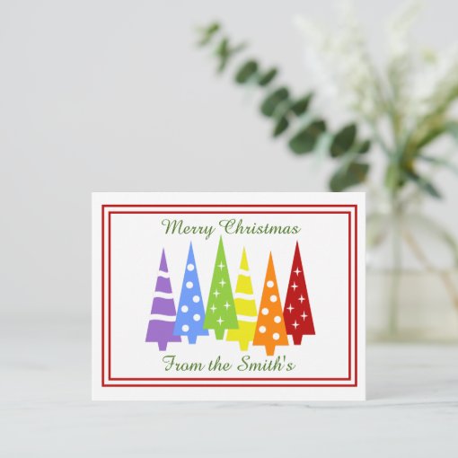 Rainbow Christmas Trees Holiday Postcard | Zazzle