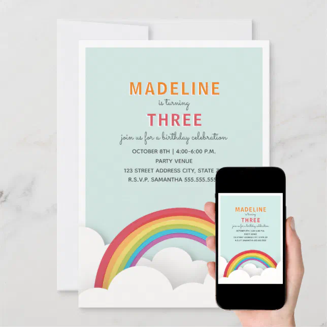 Rainbow Clouds Blue Sky Birthday Party Invitation | Zazzle