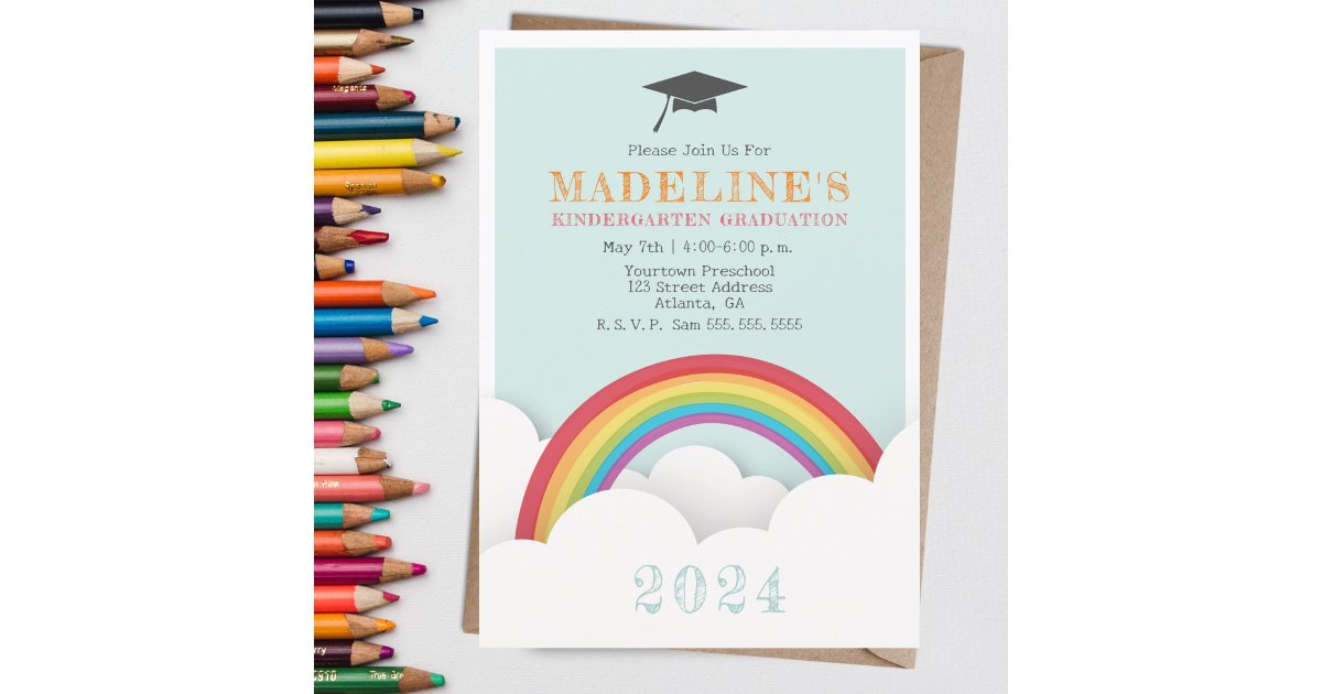 Rainbow Clouds Kids Kindergarten Graduation Invitation | Zazzle