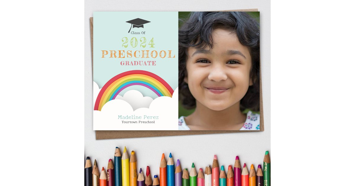 Rainbow Clouds Kids Preschool Graduation Photo Invitation | Zazzle