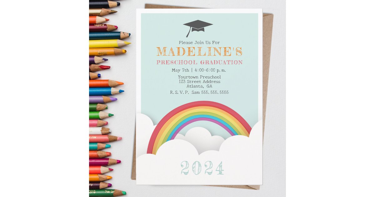 Rainbow Clouds Preschool Kids Graduation Invitation | Zazzle