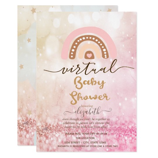 Rainbow,Clouds Stars Bokeh Virtual Baby Shower Invitation | Zazzle.com