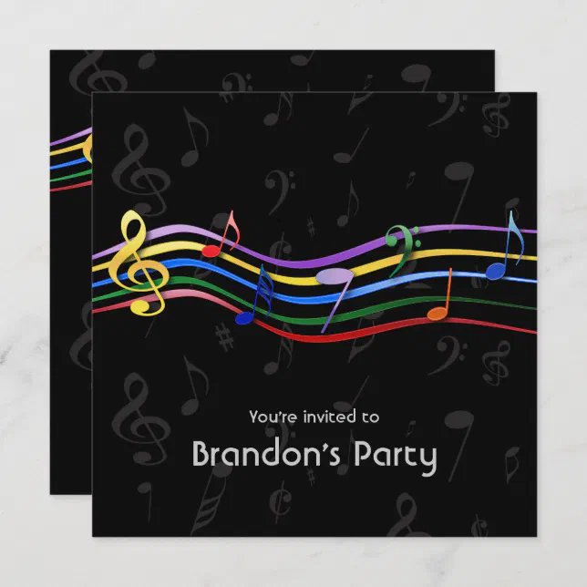 Rainbow Colored Music Notes Birthday Party Invitation | Zazzle