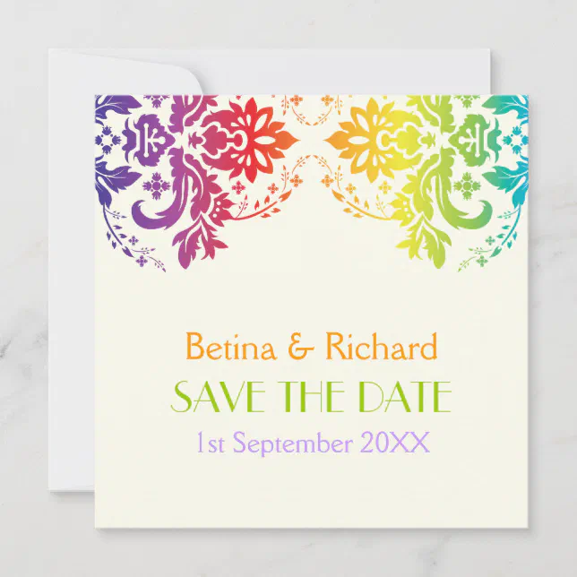 Rainbow colors damask wedding Save the Date | Zazzle