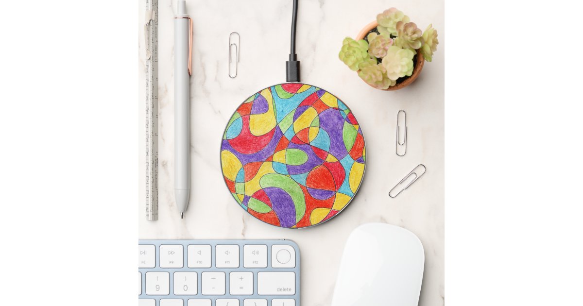 Rainbow Colors Hand Drawn Crayon Doodle Pattern Wireless Charger | Zazzle