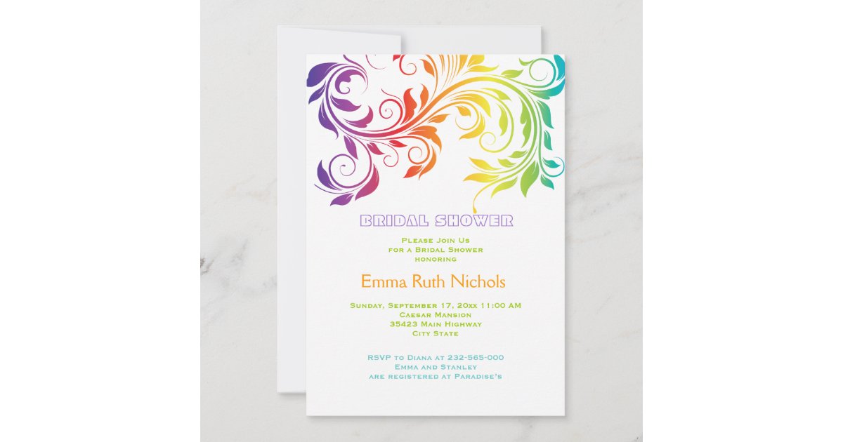Rainbow colors scroll leaf wedding bridal shower invitation | Zazzle