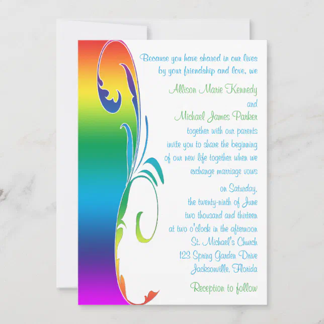 Rainbow Colors Scrolled Wedding Invitation | Zazzle