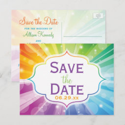 Rainbow Colors Striped Save the Date Post Card | Zazzle