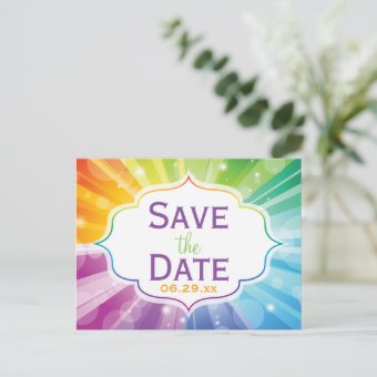 Rainbow Colors Striped Save the Date Post Card | Zazzle