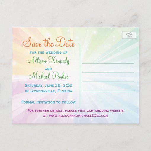 Rainbow Colors Striped Save the Date Post Card | Zazzle