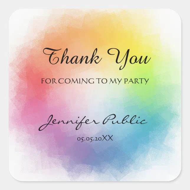 Rainbow Colors Template Thank You Hand Script Square Sticker | Zazzle